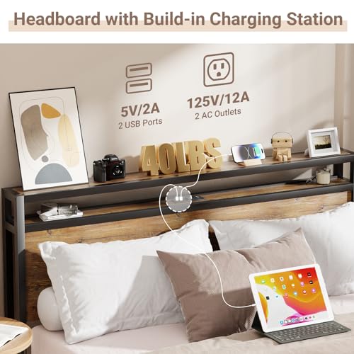 Zevemomo Full Bed Frame with 2-Tier Storage Headboard and Power Outlets, USB Ports Charging Station, Heavy Duty Metal Platform Bed Frame 800 LBS Weight Capacity, Noise-Free & No Box Spring Needed