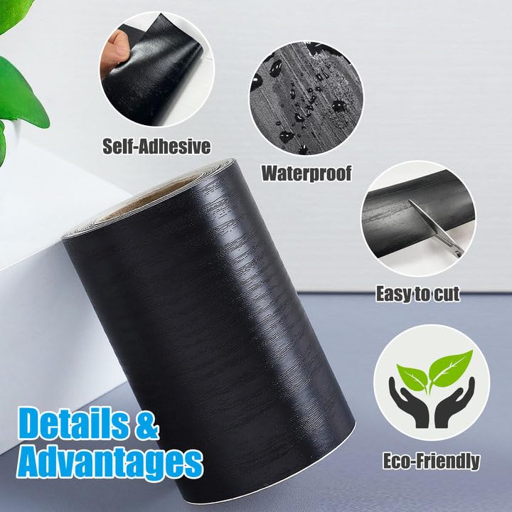 Nirvany 13 Yard Black Wood Grain Wallpaper Border Removable PVC Waterproof Peel and Stick Wallpaper,Bathroom Mirror Frame Border Sticker Wall Decor 3.93'' x 472''