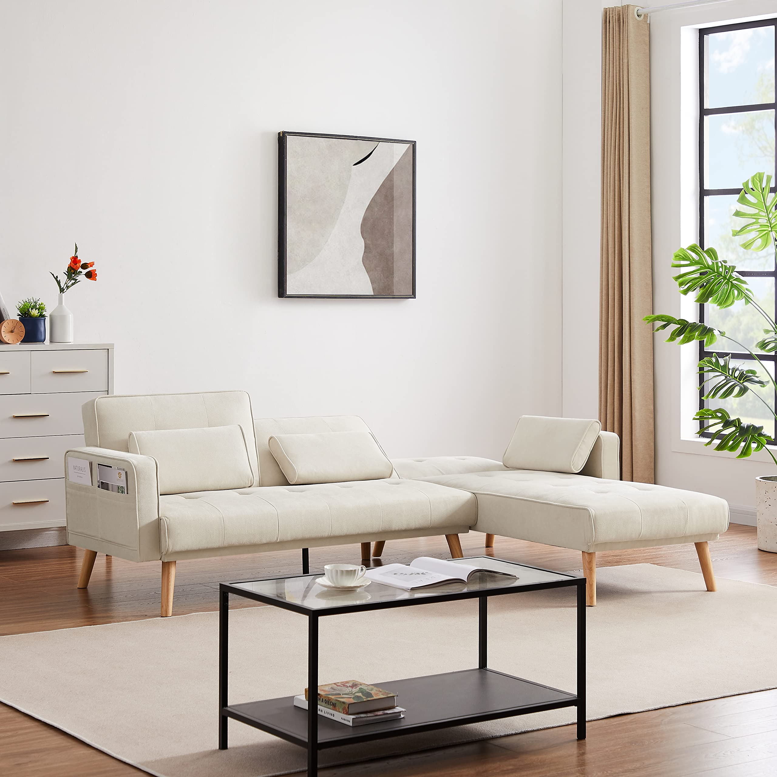 Eafurn L-Shaped Convertible Sectional Sofa with Chaise Lounge and Adjustable Spilt Backrest,3 Seater Soft Velvet Sleeper Couch Bed with Wooden Legs,Tufted Corner Sofa & Couch with Throw Pillows