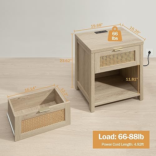 Bacyion Nightstands Set of 2 with Charging Station - Farmhouse Wood Night Stand with Drawer and Storage Shelf, Accent Bedside Table with USB Ports & Outlets, Boho End Table Side Table for Bedroom
