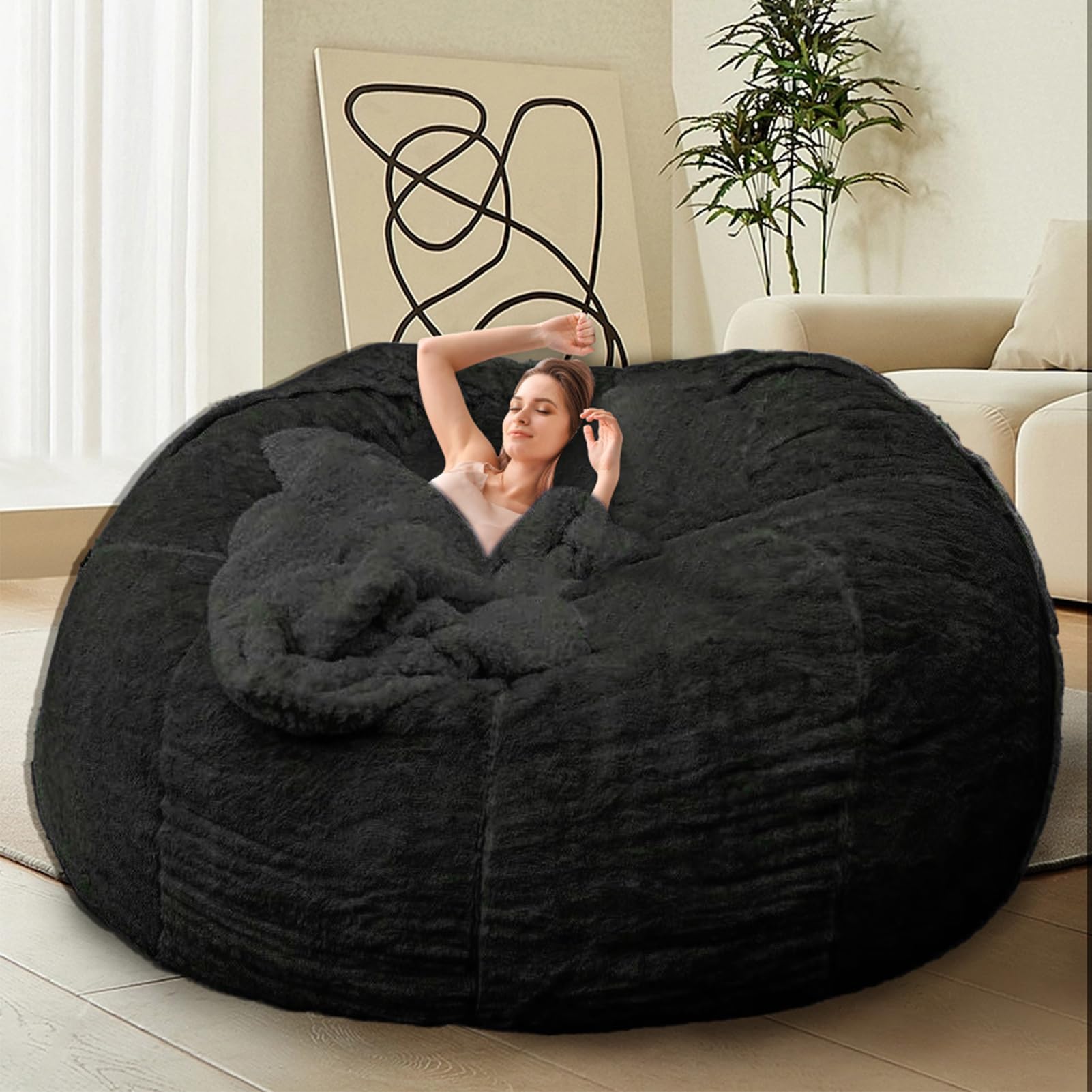 HDMLDP Bean Bag Chair for Adults Kids Without Filling Comfy Fluffy Giant Round Beanbag Lazy Sofa Cover for Reading Chair Floor Chair, 7FT, Black