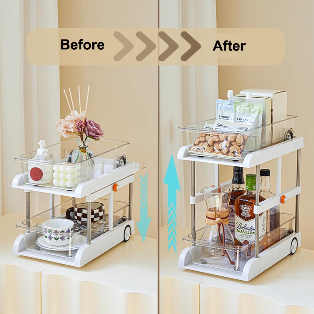 XIYAO 2 Tier Clear Organizer with Dividers and Wheels, Adjustable Under Sink Bathroom Closet organizer and Storage,Pull Out Medicine Cabinet organizer, Kitchen Pantry organizers and storage.