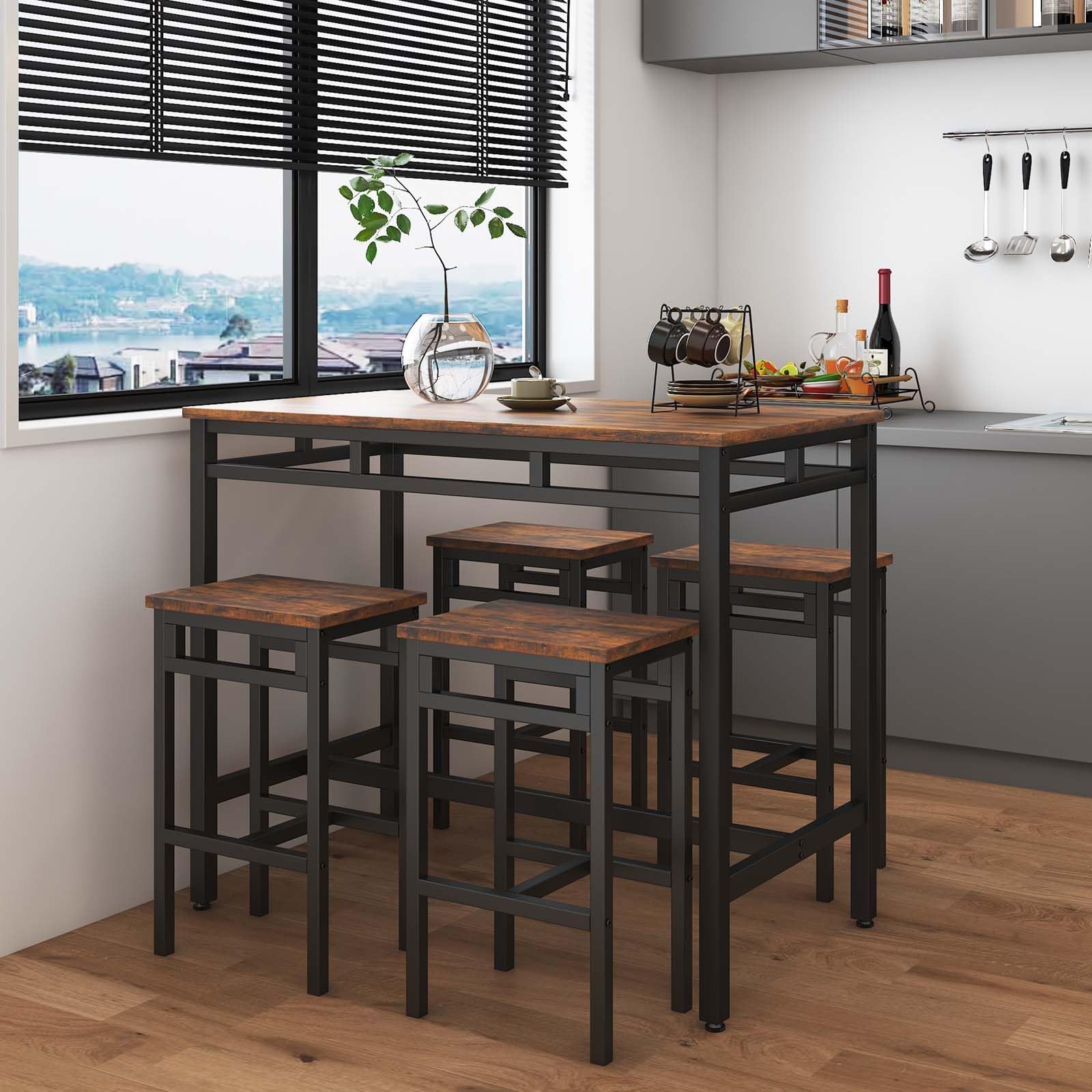 Heliosphere 5 Piece Bar Table Set, Modern Counter Height Dining Table and Chairs Set for 4, Wood Kitchen Table and 4 Bar Stools for Small Spaces, Apartment, Pub, Dining Room