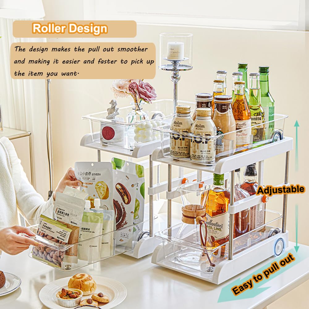 XIYAO 2 Tier Clear Organizer with Dividers and Wheels, Adjustable Under Sink Bathroom Closet organizer and Storage,Pull Out Medicine Cabinet organizer, Kitchen Pantry organizers and storage.