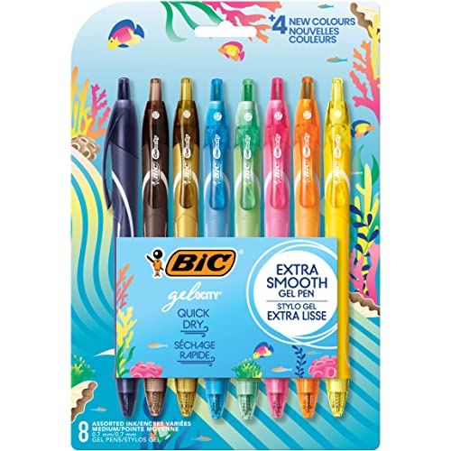 BIC Gel-ocity Quick Dry Fashion Gel Pens (RGLCGAP8-AST), Medium 0.7mm, Assorted Colors, Retractable Gel Pens with Comfortable Full Grip, 8-Count Pack
