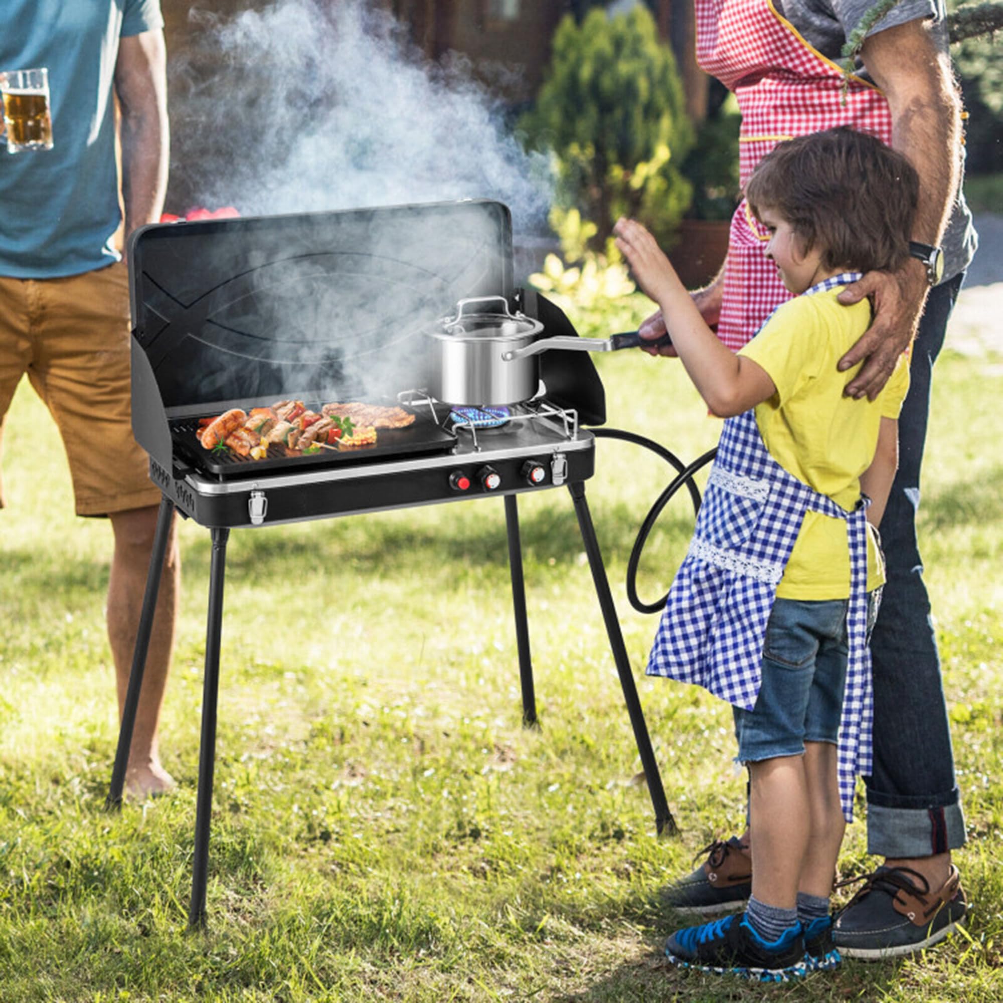 Gas Grill, 4 Burner Stove, 10,000 BTU Professional BBQ Grill, 2-in-1 Gas Camping Grill and Stove with Detachable Legs