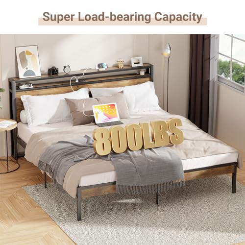 Zevemomo Full Bed Frame with 2-Tier Storage Headboard and Power Outlets, USB Ports Charging Station, Heavy Duty Metal Platform Bed Frame 800 LBS Weight Capacity, Noise-Free & No Box Spring Needed