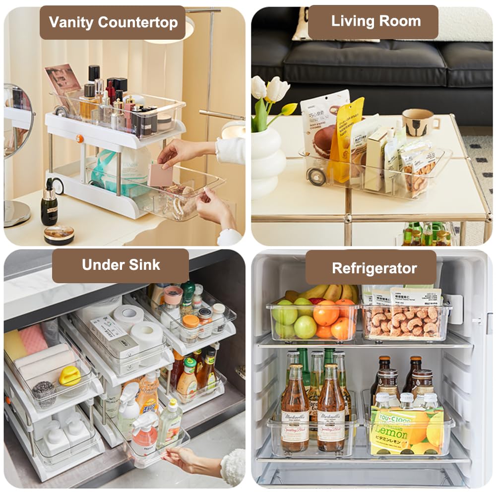 XIYAO 2 Tier Clear Organizer with Dividers and Wheels, Adjustable Under Sink Bathroom Closet organizer and Storage,Pull Out Medicine Cabinet organizer, Kitchen Pantry organizers and storage.