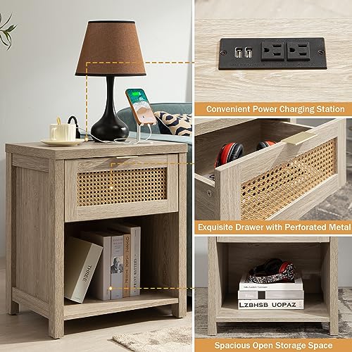 Bacyion Nightstands Set of 2 with Charging Station - Farmhouse Wood Night Stand with Drawer and Storage Shelf, Accent Bedside Table with USB Ports & Outlets, Boho End Table Side Table for Bedroom