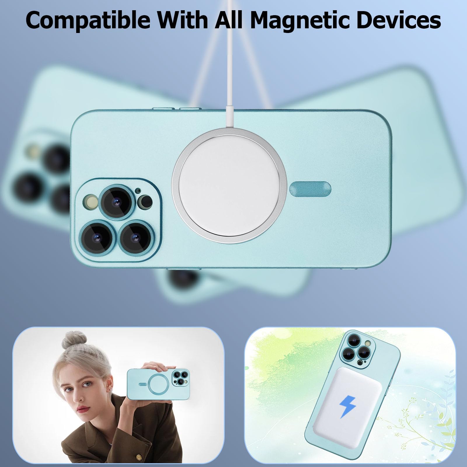 ankofave Magnetic case for iPhone 13 Pro Max Phone Case for Women, Matte Luxury Soft Metallic Luster Design with Camera Lens Protector, Compatible with Magsafe Case for iPhone 13 Pro Max 6.7"-Blue