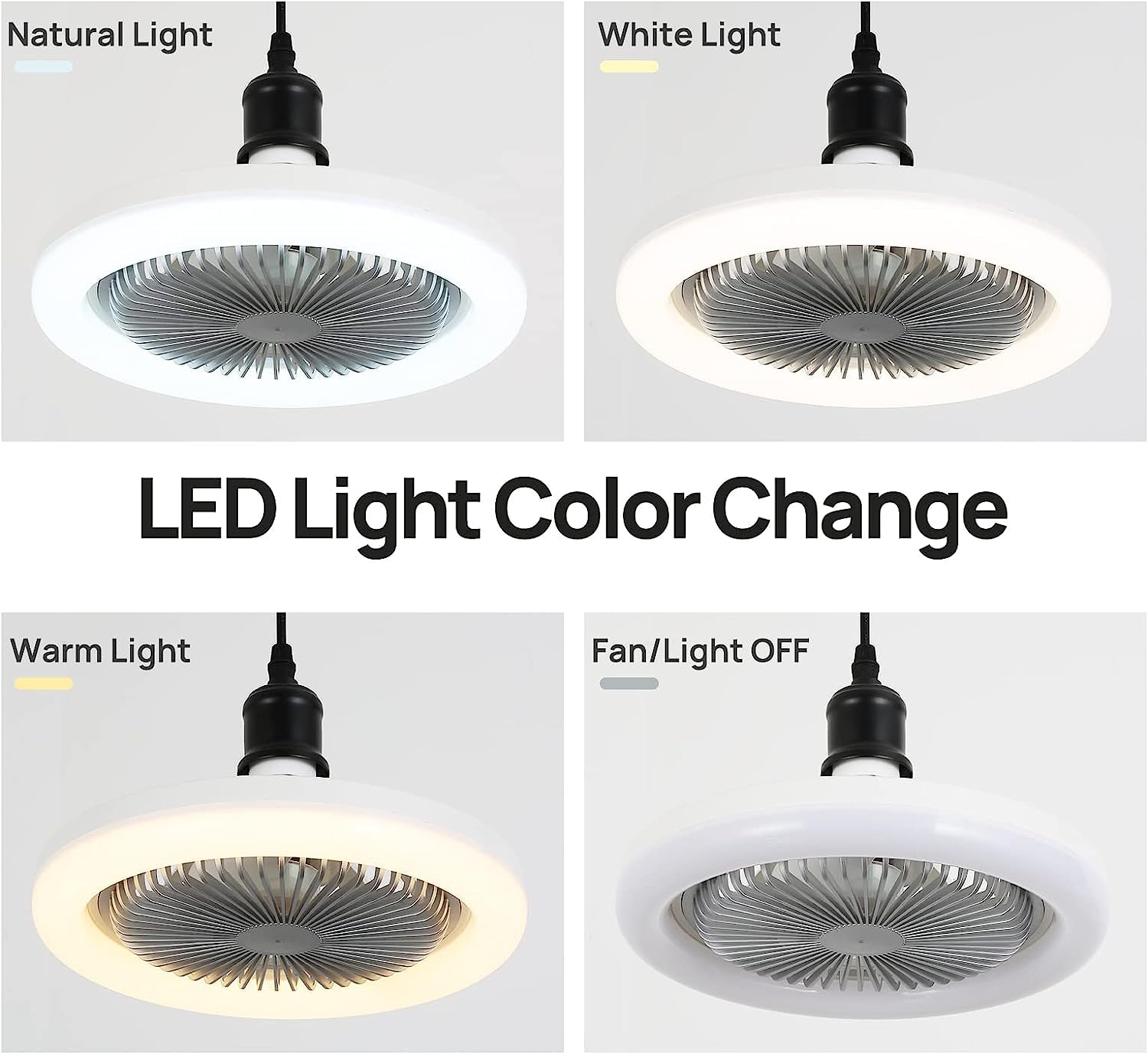 Enclosed Mini Ceiling Fan with Light, No Tools - Screw into any light socket 3 Speed Settings, 3 Brightness Settings up . Adjustable LED Mini Ceiling Fans for Bathroom/Bedroom/Living Room/Garage