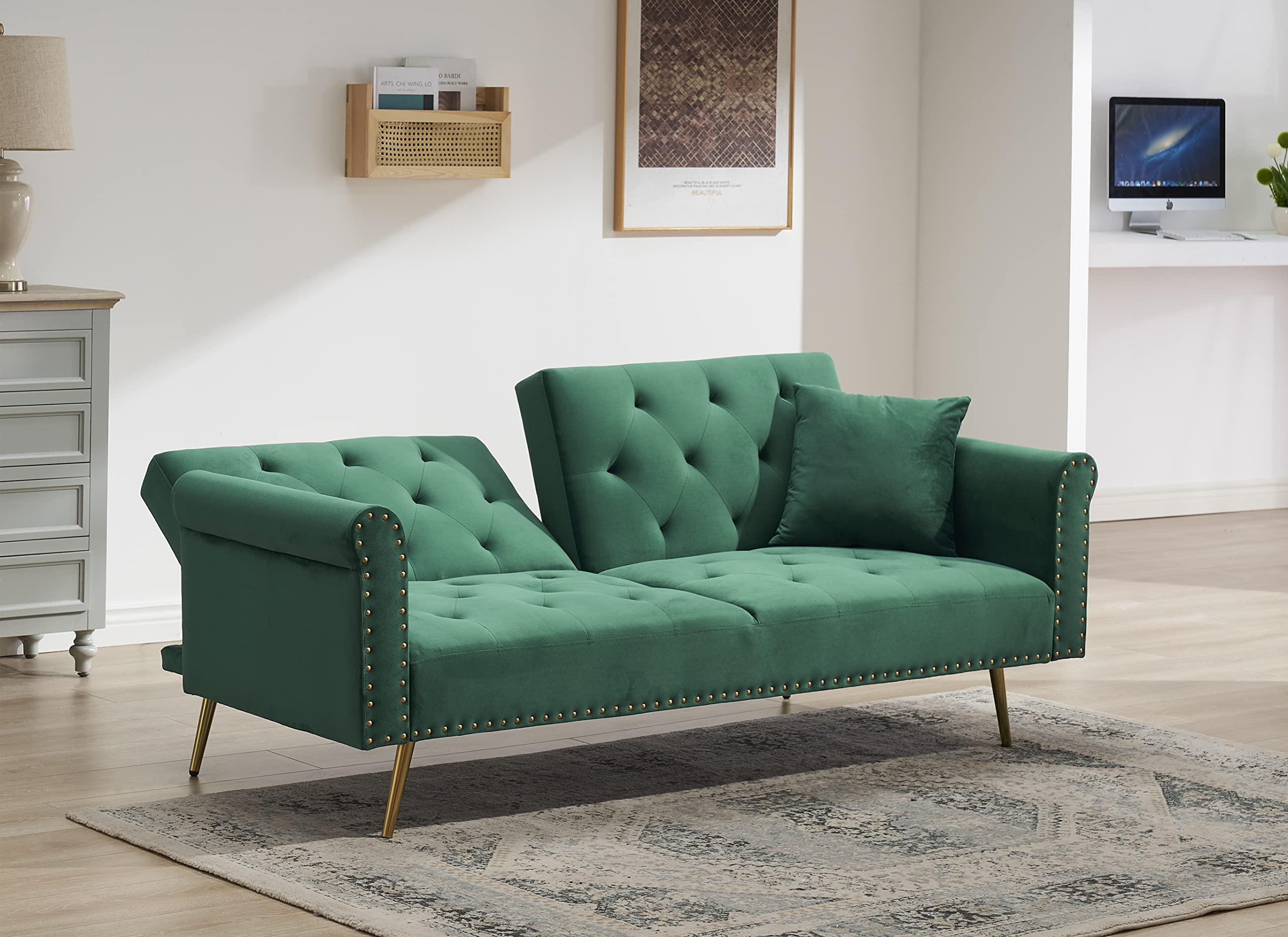 Eafurn Modern Velvet Upholstered Futon Bed Sectional Folding Recliner Sleeper Reversible Loveseat Convertible Daybed,3 Angles, Nailhead Tufted Sofa & Couches for Small Places, Green w/Naildhead Trim