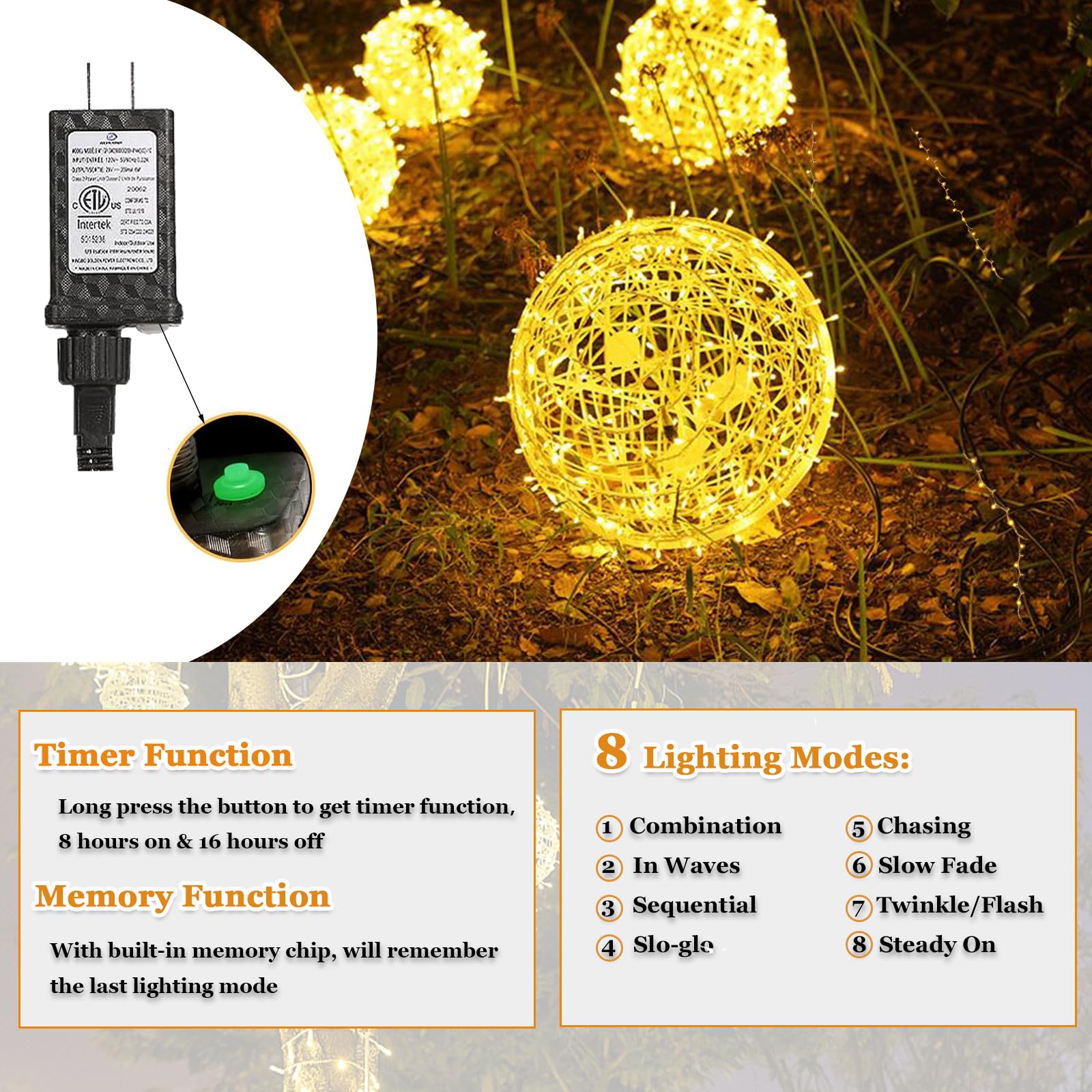 Outdoor Balls Lights Hanging Tree Garden Lights 4 Pack 7.87" Sphere Lights with Plug in Globe Lights Trees Garden Lights for Party Wedding Yard Garden Porch Patio Decoration(Warm White)