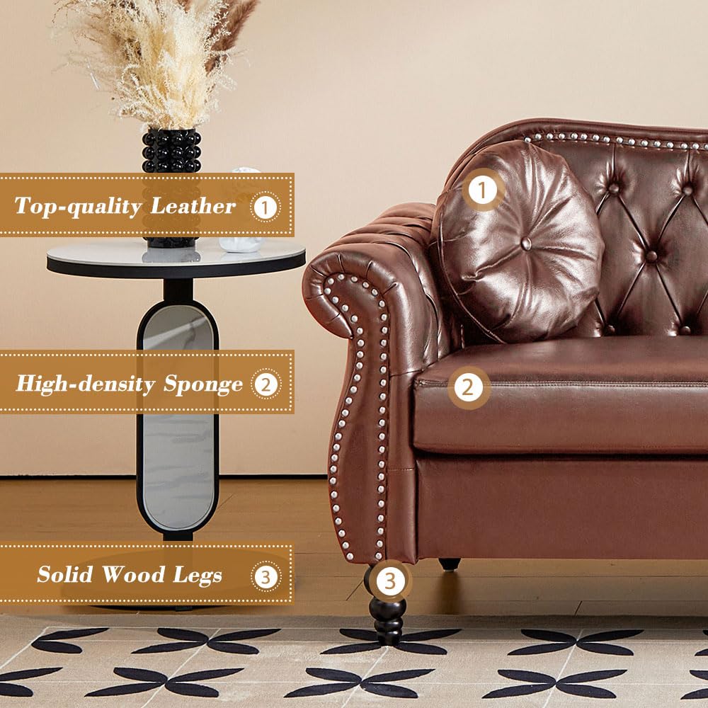 Modern PU Tufted Couch 3 Seater with Rolled Arms and Nailhead, Deep Button Nailhead Tufted Black Upholstered Couches, Roll Arm Classic Tufted Chesterfield Settee Leather Sofa for Living Room (Brown)