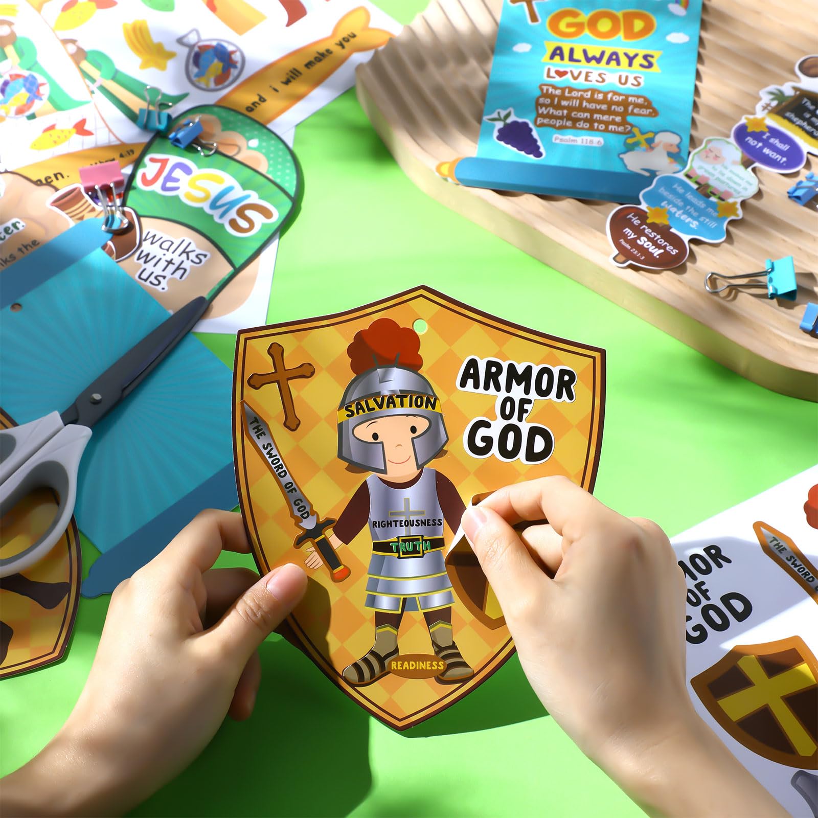 Outus 36 Set Religious Sunday School Crafts Armor of God DIY Craft Kit VBS Christian Crafts for Kids Bible Hanging Ornament Sunday School Paper Craft Sticker for Christmas DIY Activity Preschool