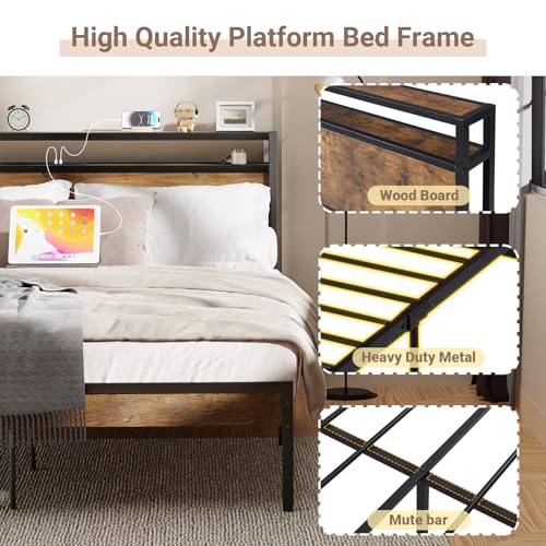 Zevemomo Full Bed Frame with 2-Tier Storage Headboard and Power Outlets, USB Ports Charging Station, Heavy Duty Metal Platform Bed Frame 800 LBS Weight Capacity, Noise-Free & No Box Spring Needed