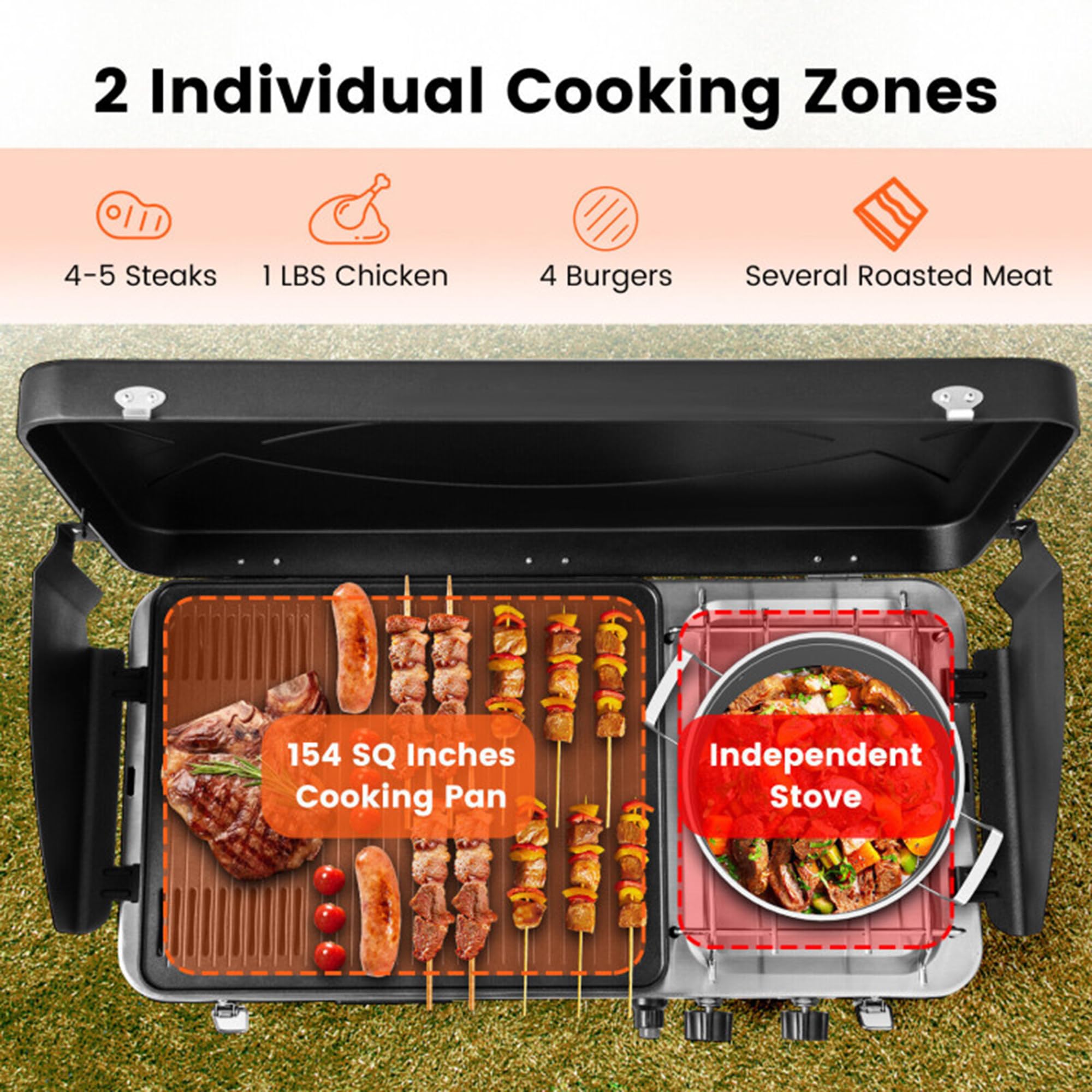 Gas Grill, 4 Burner Stove, 10,000 BTU Professional BBQ Grill, 2-in-1 Gas Camping Grill and Stove with Detachable Legs