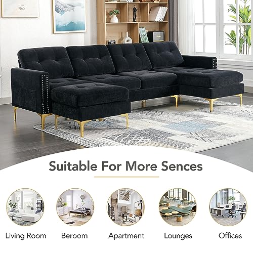 110" U-Shaped Sectional Sofa with Reversible Chaise and Movable Ottoman, 5-Seater Convertible Corner Couch with Side Pockets and Nail Head, Modern Comfy Sofa for Home Office Apartment (Black-021)