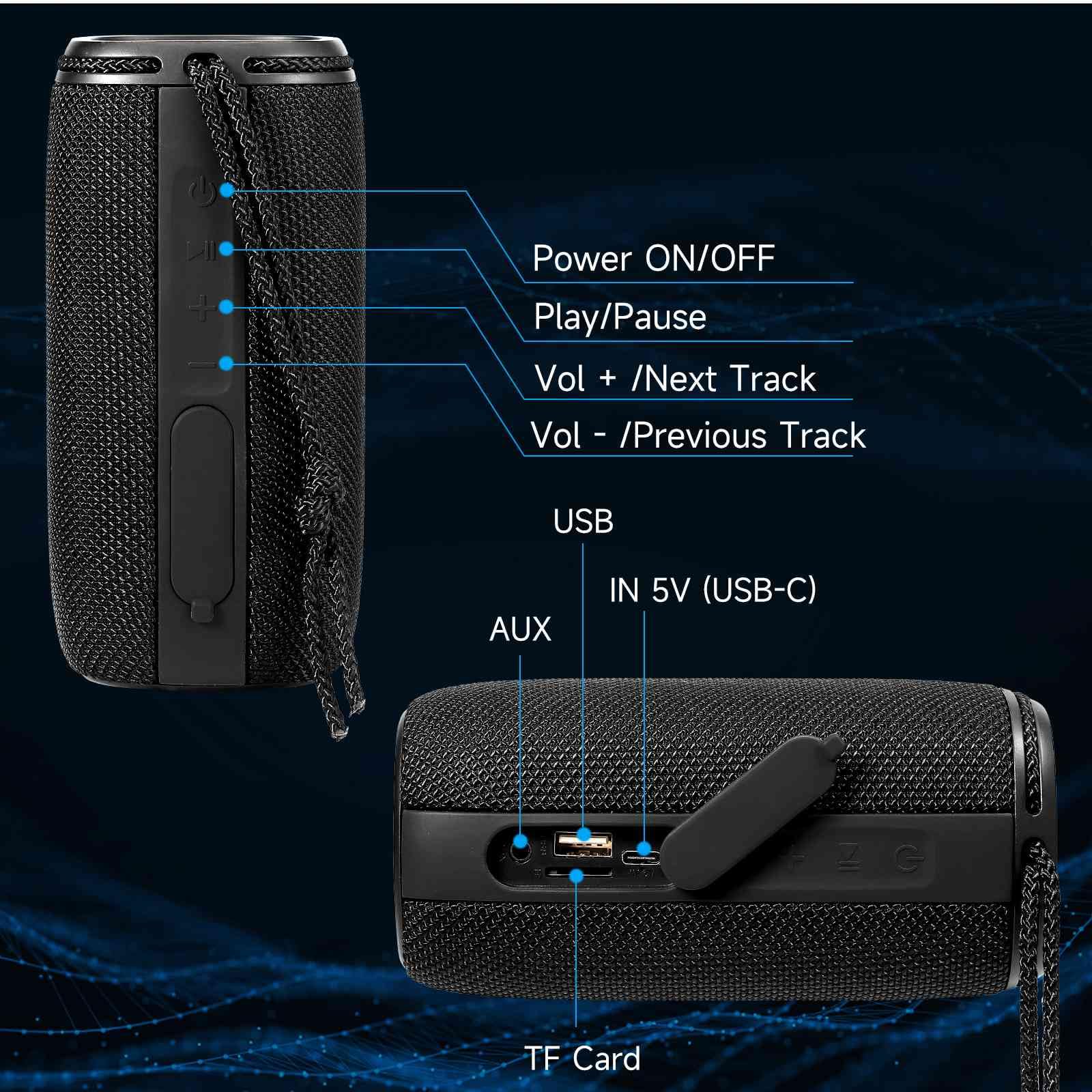 UrbanX Scorpio Series Bluetooth Speaker, IPX6 Waterproof Speakers HD Surround Sound with Punchy Bass, True Wireless Pairing, BT5.3, Portable Speaker for Blade V7 Max - Black