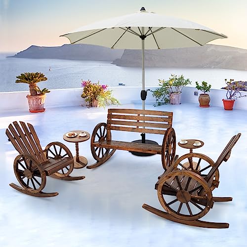FURNDOOR 5 PCS Outdoor Rocking Chair Conversation Set, Wagon Wheel Rocking Chairs with Side Table, Patio Rocker Chair Wood Patio Bistro Set for Porch Bench, Rustic