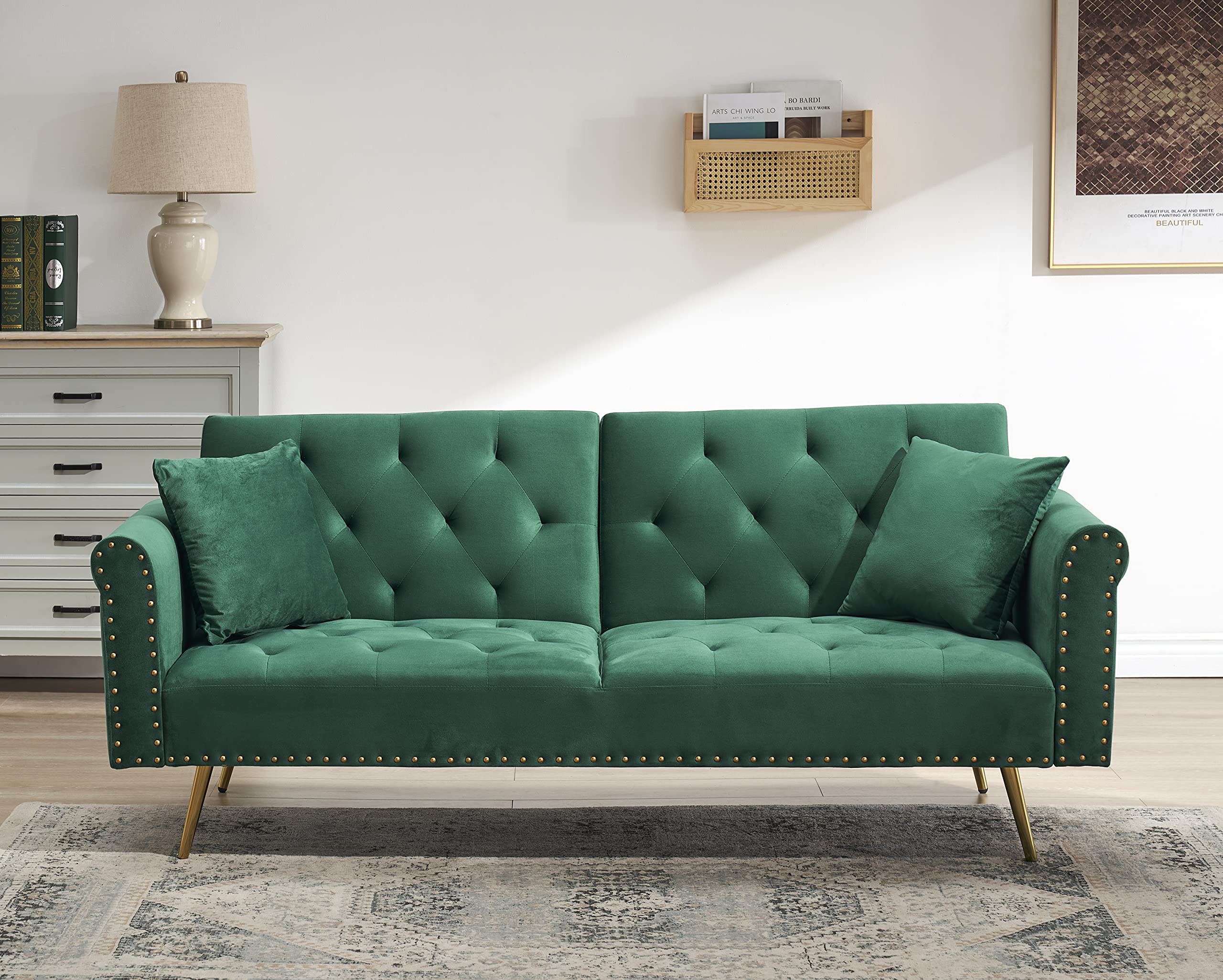 Eafurn Modern Velvet Upholstered Futon Bed Sectional Folding Recliner Sleeper Reversible Loveseat Convertible Daybed,3 Angles, Nailhead Tufted Sofa & Couches for Small Places, Green w/Naildhead Trim