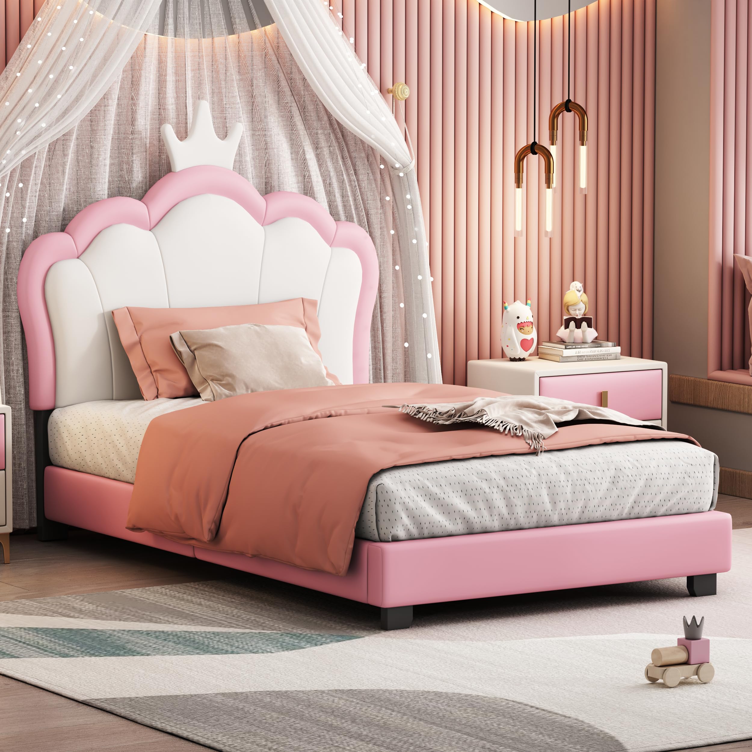Merax Kids Twin Upholstered Day Bed Frame for Boys Girls, Wood Platform Bed with Crown Headboard, No Box Spring Needed White/Pink