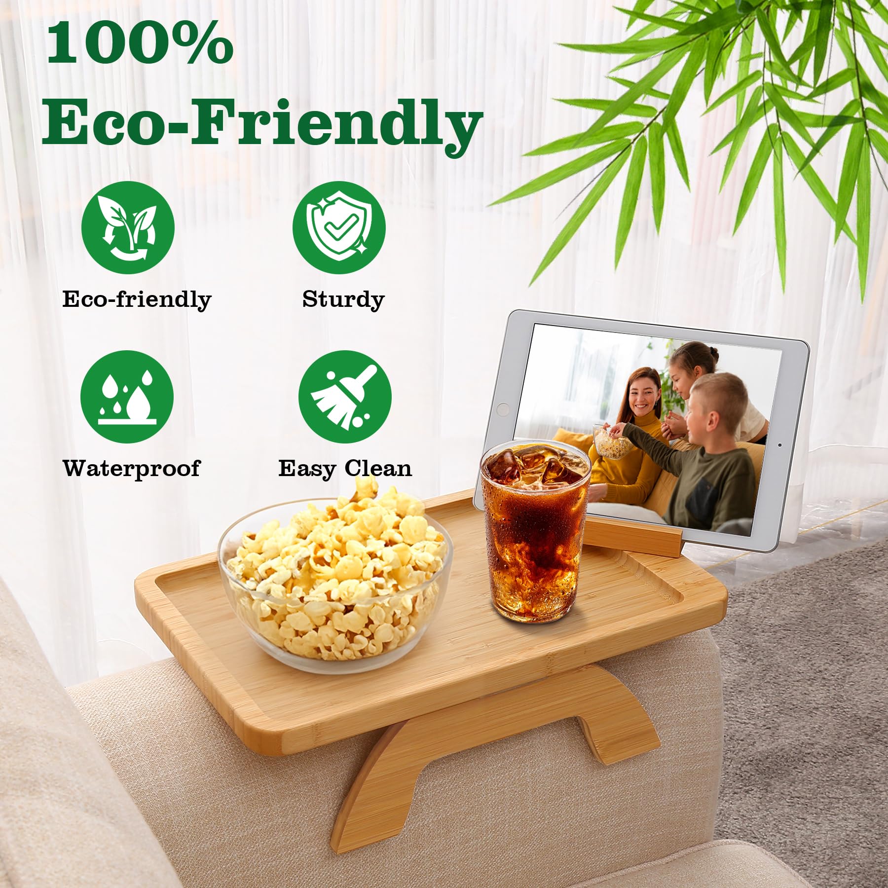 BAMBOOTRAY Couch Arm Table,Sofa Clip on Tray for Armrest Tray,Sofa Arm Table with Phone Holder,Couch Table for Living Room Bedroom,TV Tray Table for Eating & Drinking