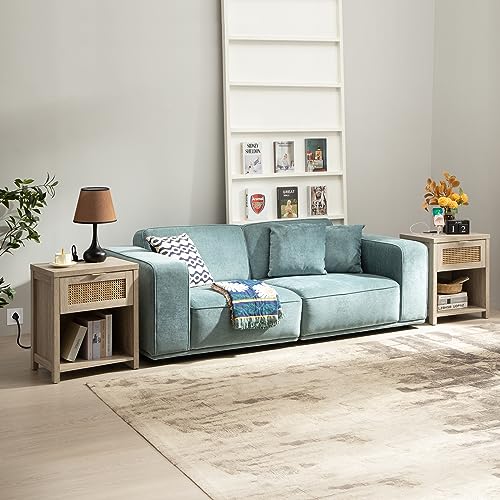 Bacyion Nightstands Set of 2 with Charging Station - Farmhouse Wood Night Stand with Drawer and Storage Shelf, Accent Bedside Table with USB Ports & Outlets, Boho End Table Side Table for Bedroom