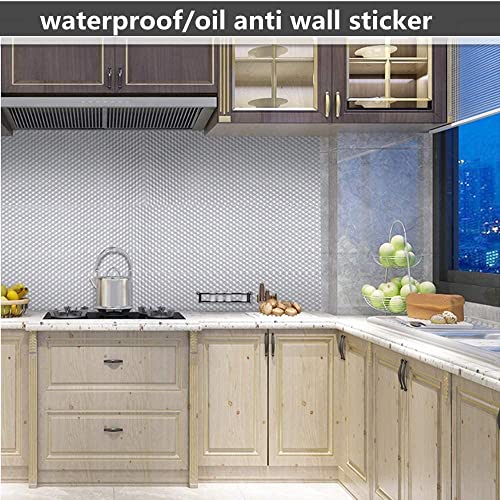 ZODIFEVI Kitchen Backsplash Stickers,15.7X196.9 inch, Self Adhesive Drawer Liner Peel and Stick Foil Wallpaper Cabinets Shelf Sticker (0.4M5M, Cube Texture-Silver)