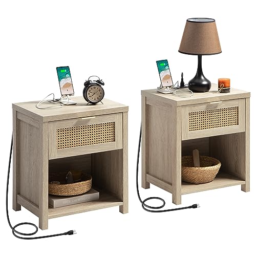 Bacyion Nightstands Set of 2 with Charging Station - Farmhouse Wood Night Stand with Drawer and Storage Shelf, Accent Bedside Table with USB Ports & Outlets, Boho End Table Side Table for Bedroom