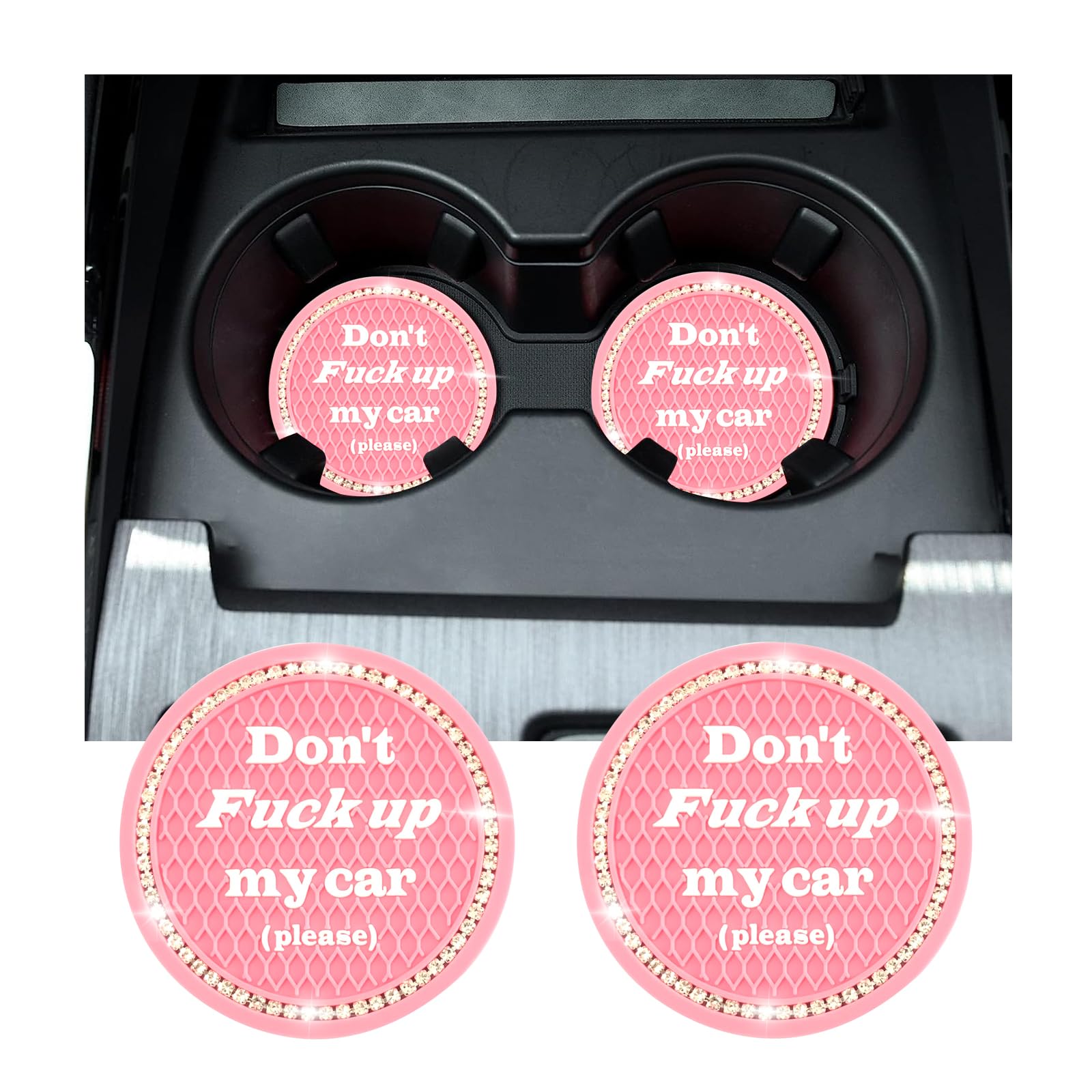 Kewucn 2 Pack Bling Car Cup Holder Coasters, 2.79 inch Anti-Slip Soft Rubber Crystal Rhinestone Auto Cup Insert Pad, Universal Vehicle Interior Decor Accessories for Car SUV Truck (Pink)