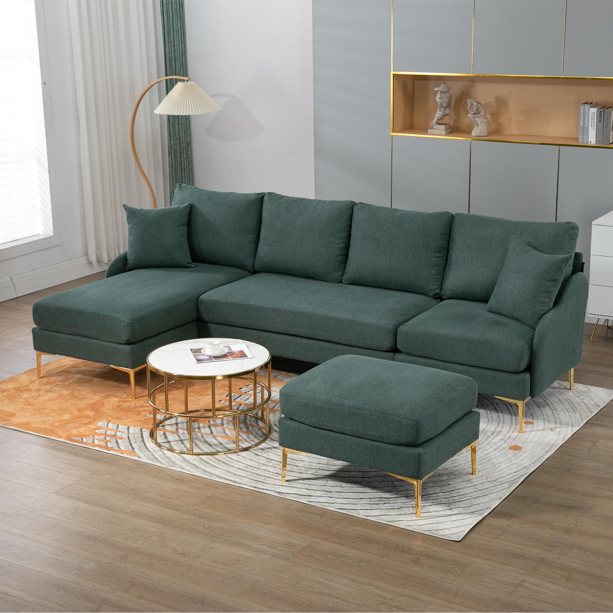 Verfur Upholstery L Shaped Lounge and Movable, 4-Seater Convertible Corner Metal Legs,Soft Couch, Sectional Sofa w/Reversible Chaise and Ottoman, Green 110"
