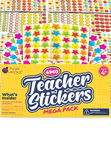 PURPLE LADYBUG Teacher Stickers for Students with 4960 Reward Stickers for Kids - Classroom Supplies for Teachers Elementary, Preschool Must Haves & School Essentials - with Small Gold Star Stickers