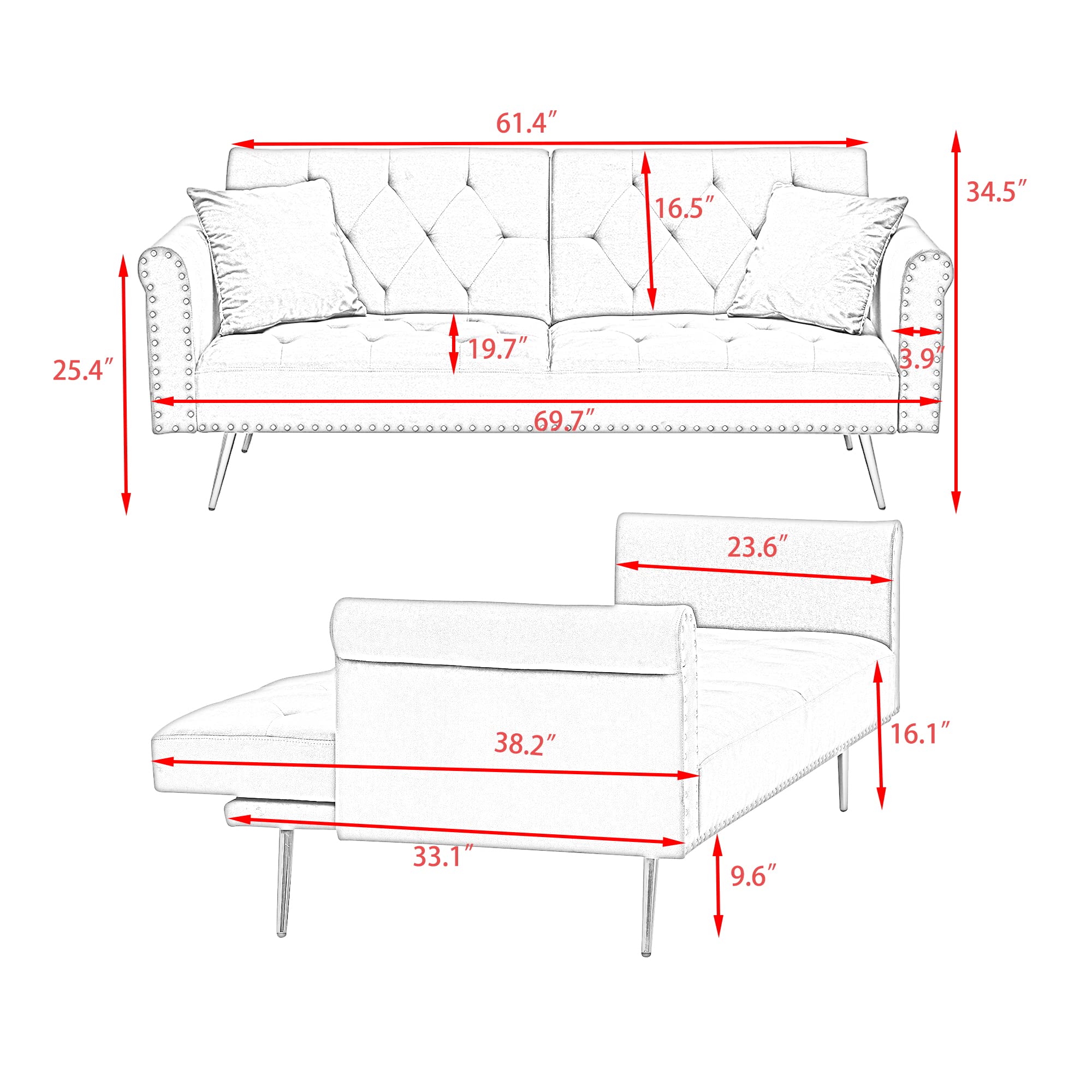 Eafurn Modern Velvet Upholstered Futon Bed Sectional Folding Recliner Sleeper Reversible Loveseat Convertible Daybed,3 Angles, Nailhead Tufted Sofa & Couches for Small Places, Green w/Naildhead Trim