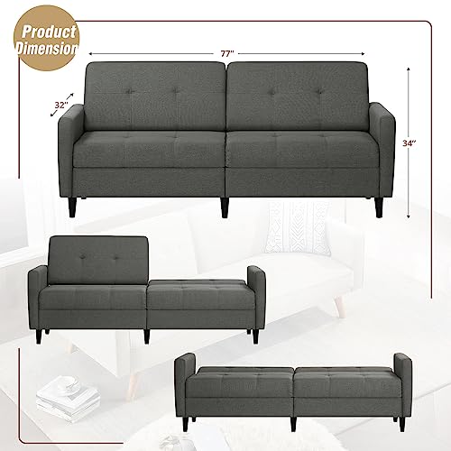 77" Modern Linen Fabric Futon Sofa Bed with Adjustable Backrest & Solid Wood Legs, Convertible Loveseat Couch Sleeper Sofabed 3 Seats Sofa for Small Space (Grey)