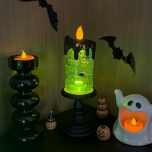 POPONINE Halloween Snow Globe Candle Lights, Battery Powered LED Flameless Candle Lights, Motor Driven Spider Spinning on Water, Halloween Indoor and Holiday Party Table Top Decorations -Spider