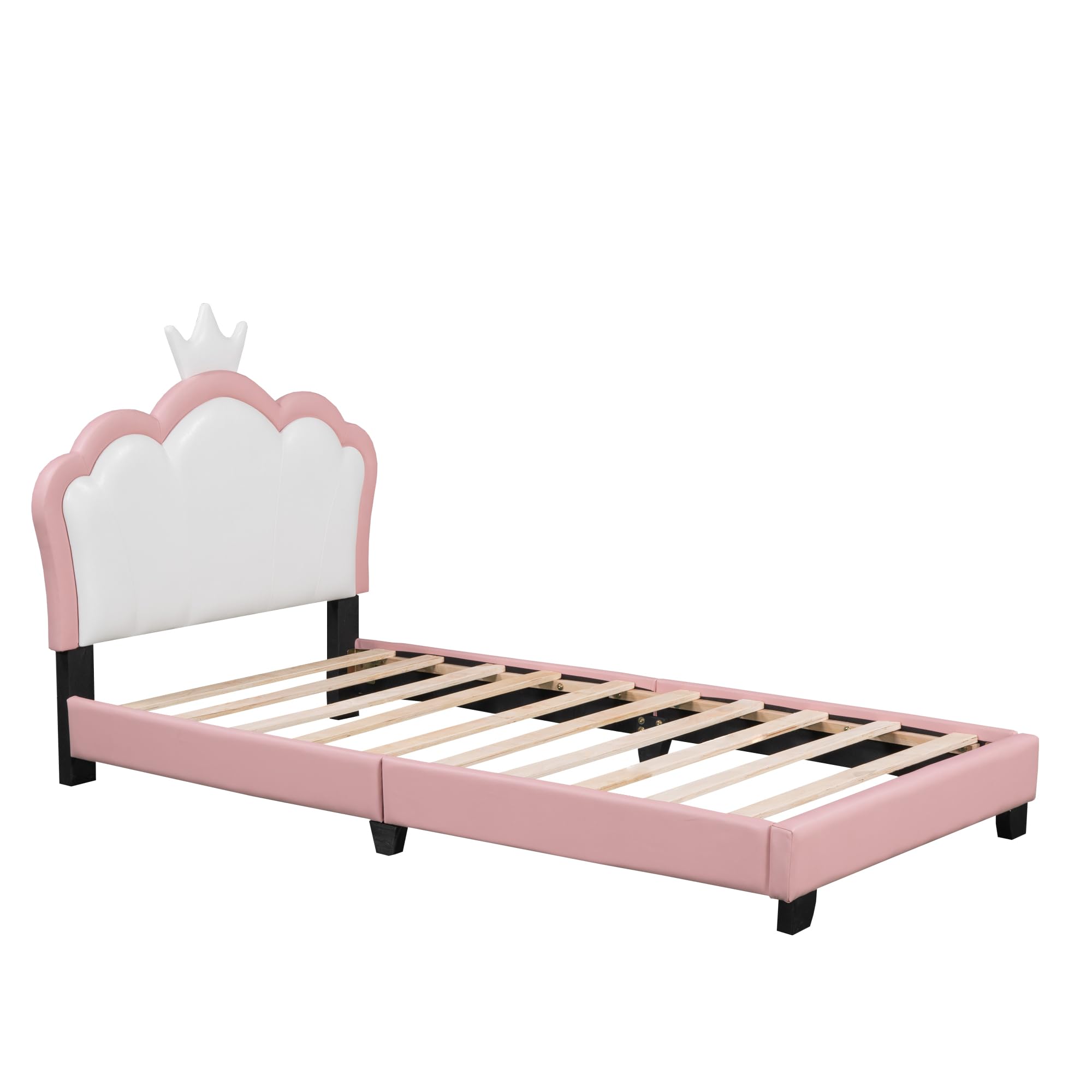 Merax Kids Twin Upholstered Day Bed Frame for Boys Girls, Wood Platform Bed with Crown Headboard, No Box Spring Needed White/Pink