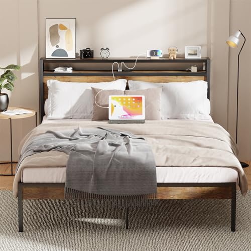 Zevemomo Full Bed Frame with 2-Tier Storage Headboard and Power Outlets, USB Ports Charging Station, Heavy Duty Metal Platform Bed Frame 800 LBS Weight Capacity, Noise-Free & No Box Spring Needed