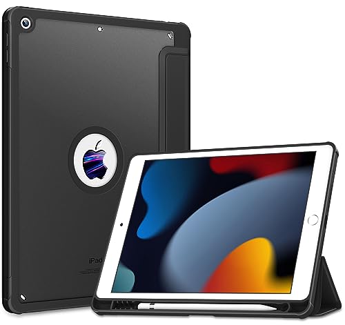 DTTOCASE Case for iPad 9th / 8th / 7th Generation 10.2 inch Released in 2021/2020/2019, Matte Slim Hard Back, Soft TPU Frame, Pencil Holder and Auto Sleep/Wake Cover for iPad 9/8/7 Gen - Black