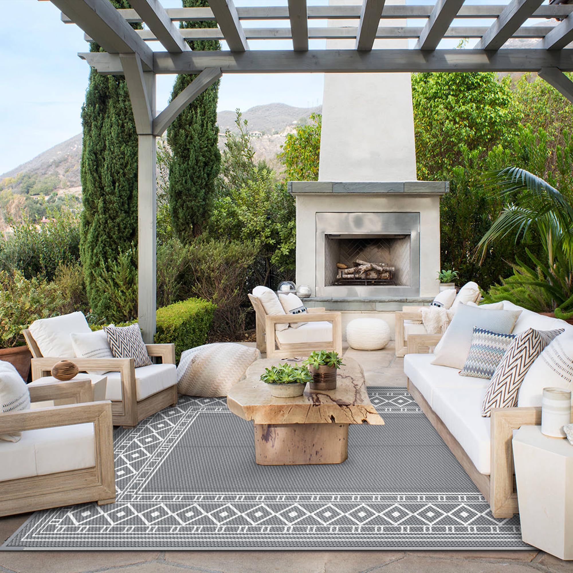 GENIMO Outdoor Rug 5'x8' for Patio Clearance, Reversible Plastic Straw Outdoor Area Carpet Waterproof, Camping Outside Mat for Outdoor Decor, RV, Deck, Camper, Balcony,Picnic Grey & White