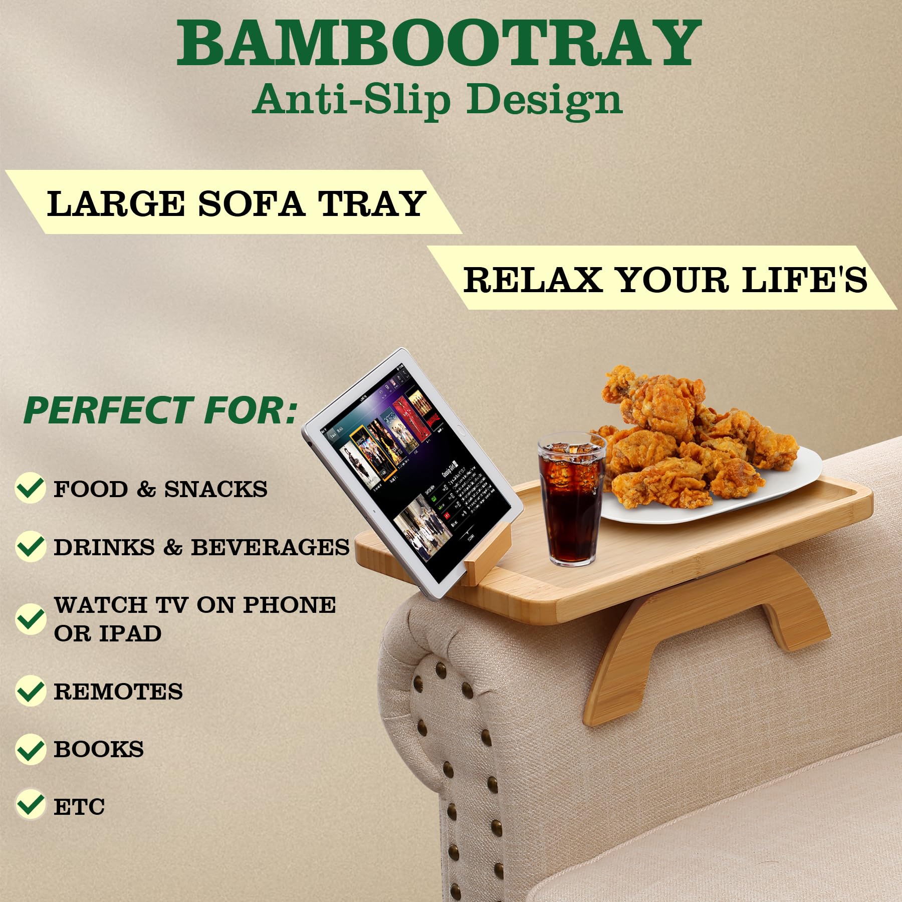 BAMBOOTRAY Couch Arm Table,Sofa Clip on Tray for Armrest Tray,Sofa Arm Table with Phone Holder,Couch Table for Living Room Bedroom,TV Tray Table for Eating & Drinking