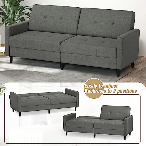 77" Modern Linen Fabric Futon Sofa Bed with Adjustable Backrest & Solid Wood Legs, Convertible Loveseat Couch Sleeper Sofabed 3 Seats Sofa for Small Space (Grey)
