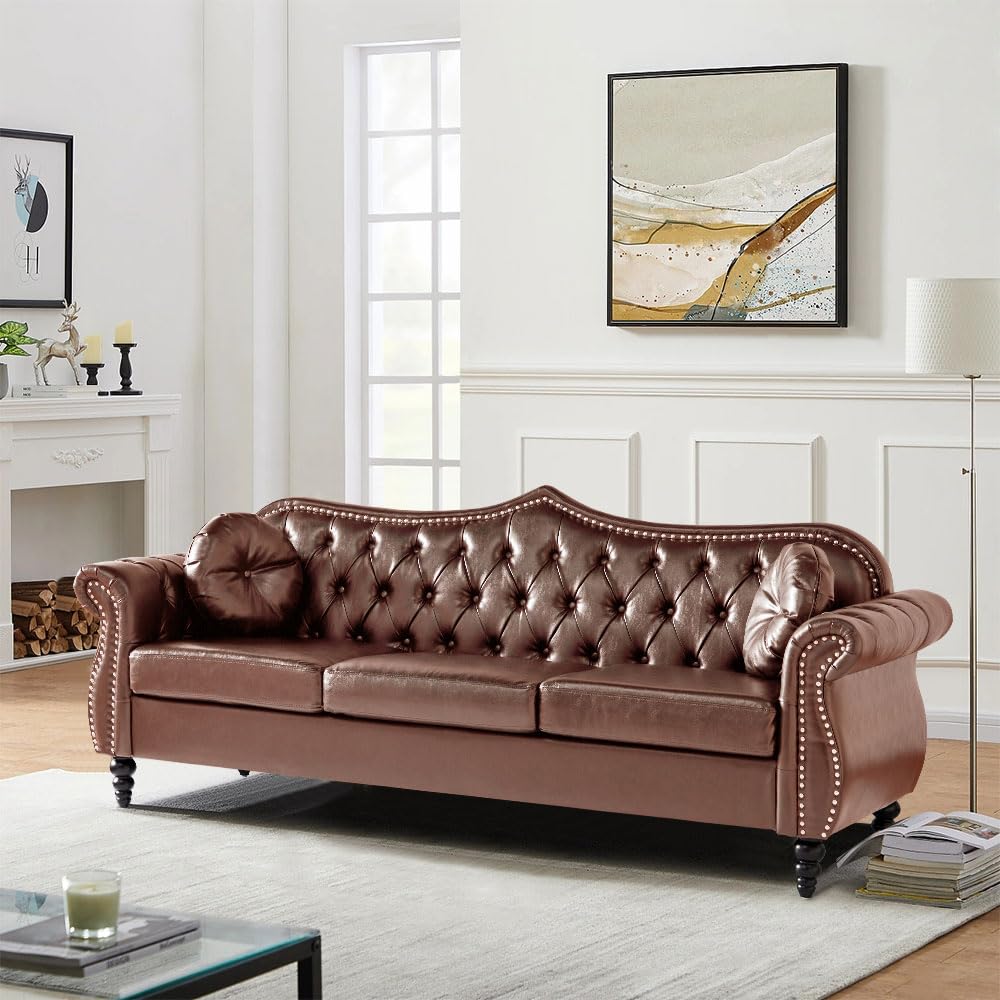 Modern PU Tufted Couch 3 Seater with Rolled Arms and Nailhead, Deep Button Nailhead Tufted Black Upholstered Couches, Roll Arm Classic Tufted Chesterfield Settee Leather Sofa for Living Room (Brown)
