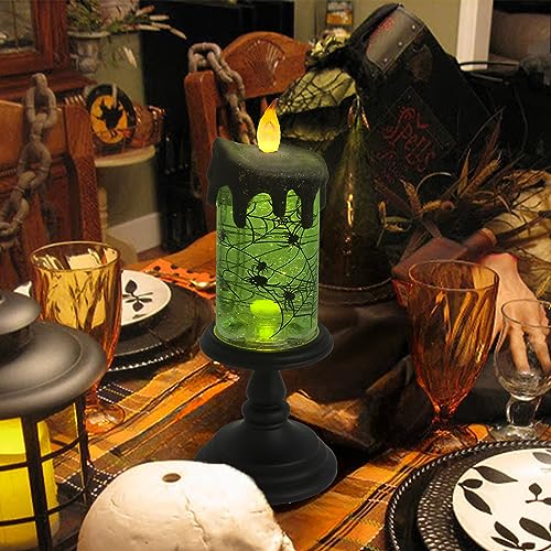 POPONINE Halloween Snow Globe Candle Lights, Battery Powered LED Flameless Candle Lights, Motor Driven Spider Spinning on Water, Halloween Indoor and Holiday Party Table Top Decorations -Spider