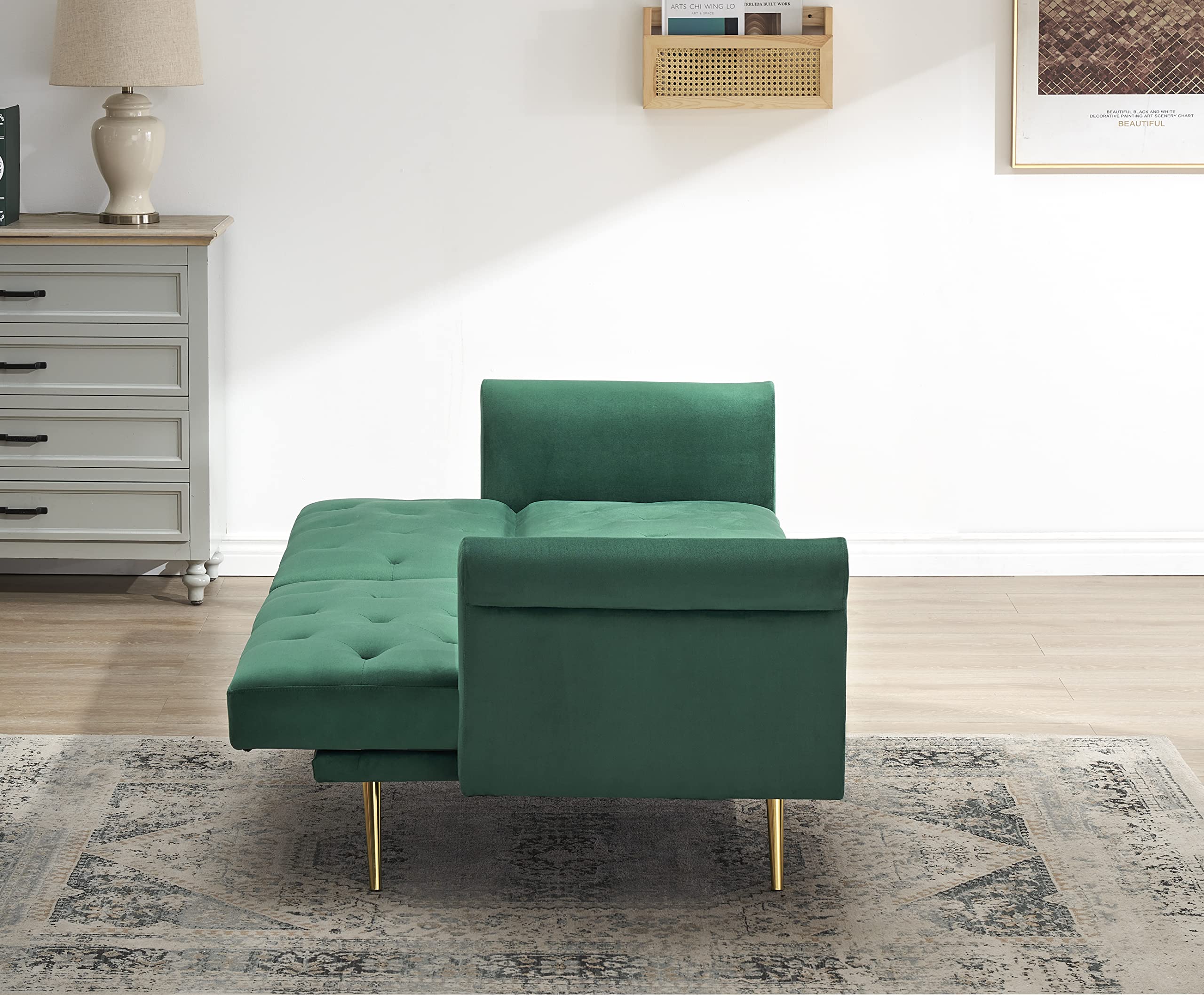 Eafurn Modern Velvet Upholstered Futon Bed Sectional Folding Recliner Sleeper Reversible Loveseat Convertible Daybed,3 Angles, Nailhead Tufted Sofa & Couches for Small Places, Green w/Naildhead Trim