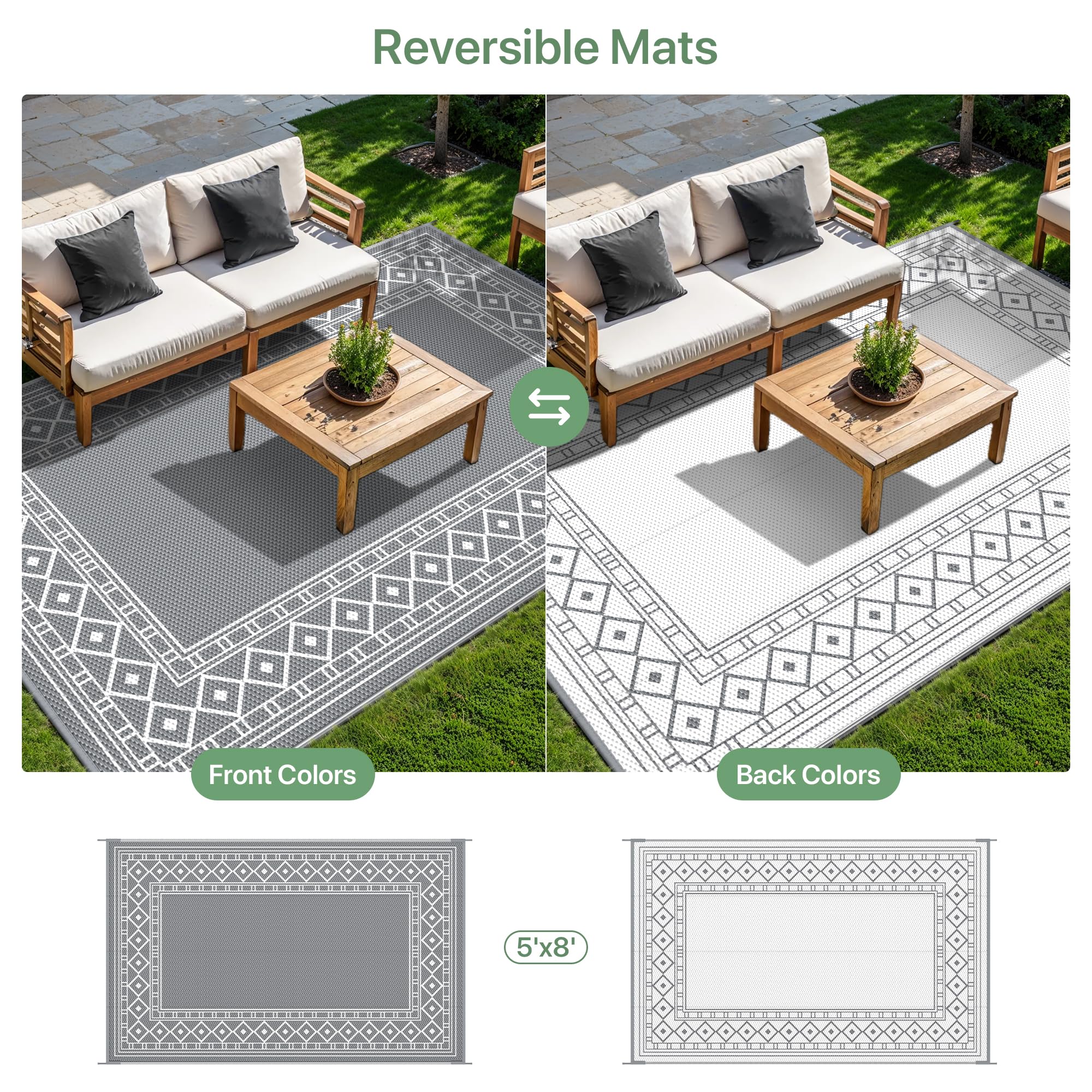 GENIMO Outdoor Rug 5'x8' for Patio Clearance, Reversible Plastic Straw Outdoor Area Carpet Waterproof, Camping Outside Mat for Outdoor Decor, RV, Deck, Camper, Balcony,Picnic Grey & White