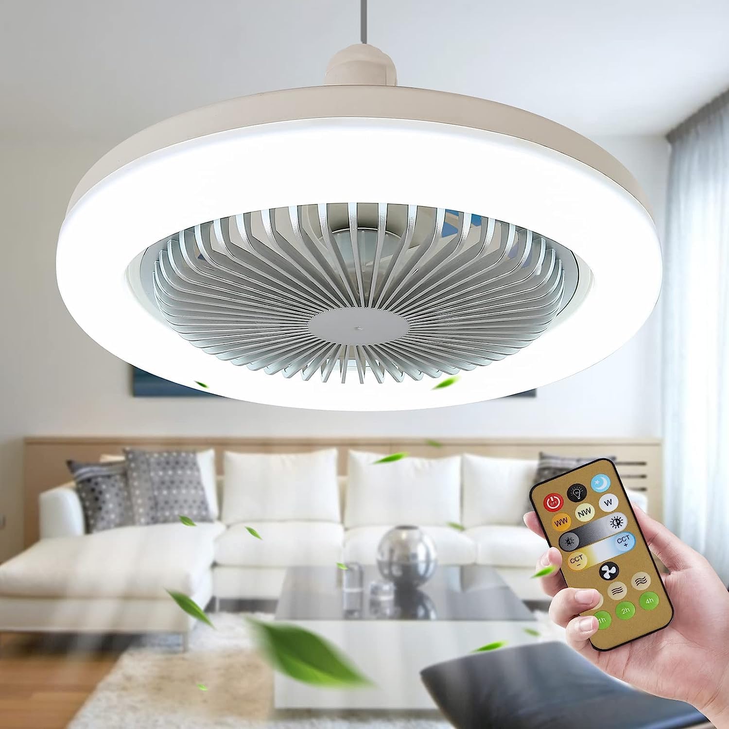 Enclosed Mini Ceiling Fan with Light, No Tools - Screw into any light socket 3 Speed Settings, 3 Brightness Settings up . Adjustable LED Mini Ceiling Fans for Bathroom/Bedroom/Living Room/Garage