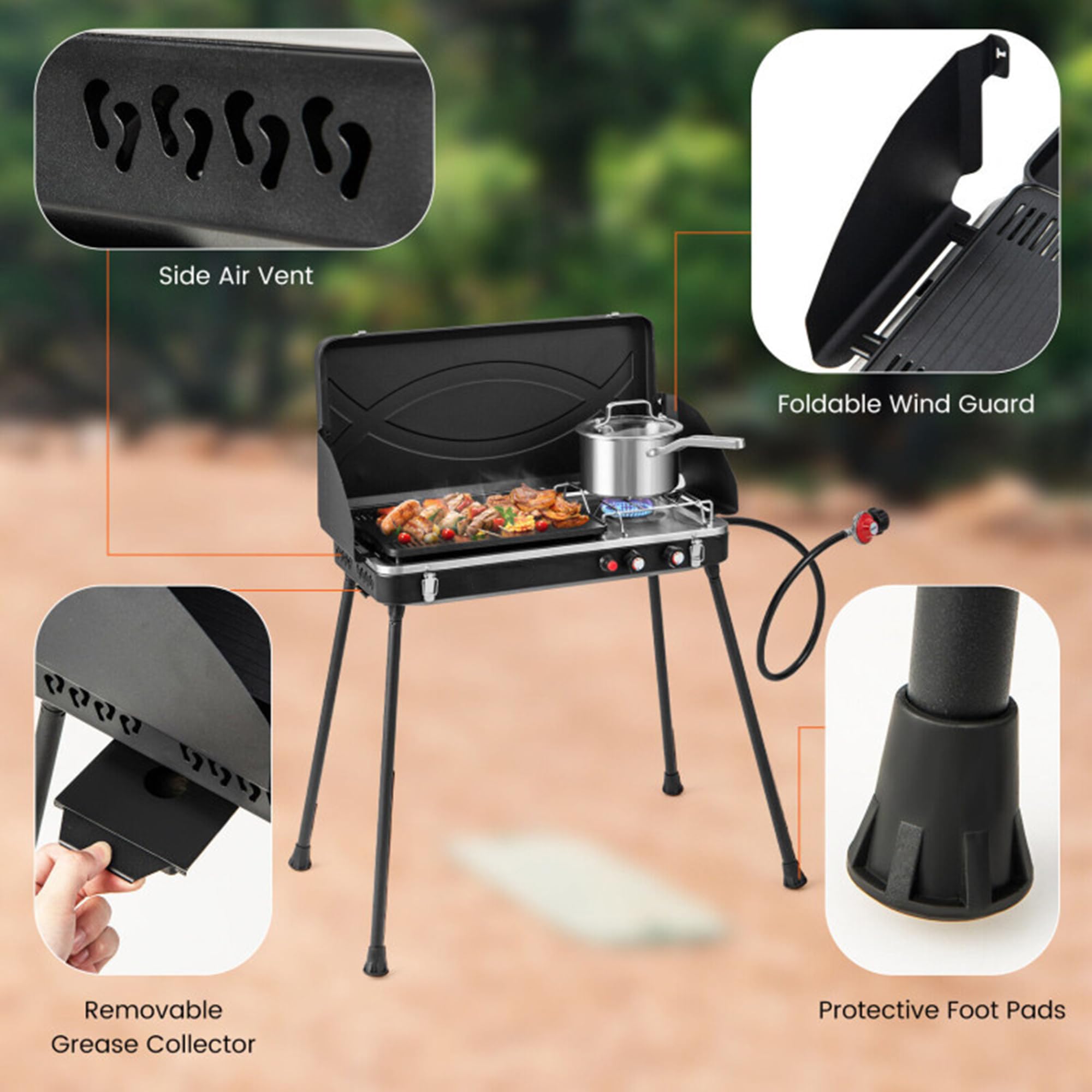 Gas Grill, 4 Burner Stove, 10,000 BTU Professional BBQ Grill, 2-in-1 Gas Camping Grill and Stove with Detachable Legs
