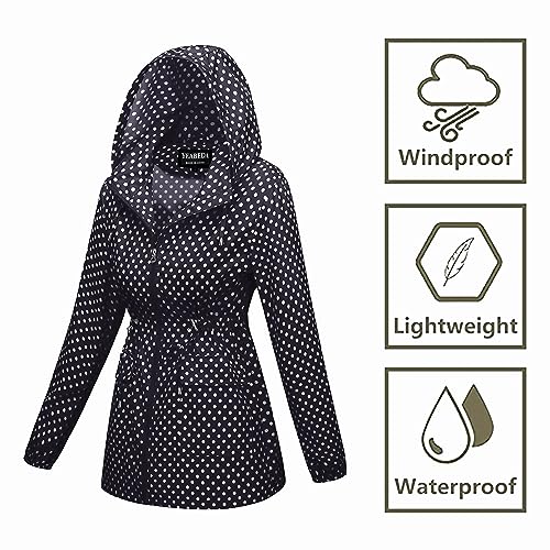 YEABEDA Women-Rain Jacket-Hood Waterproof-Lightweight Windbreak-Packable β Cute RainCoats Travel Polka Dot Ladies With Pouch (3X-Large, black Polka Dot)