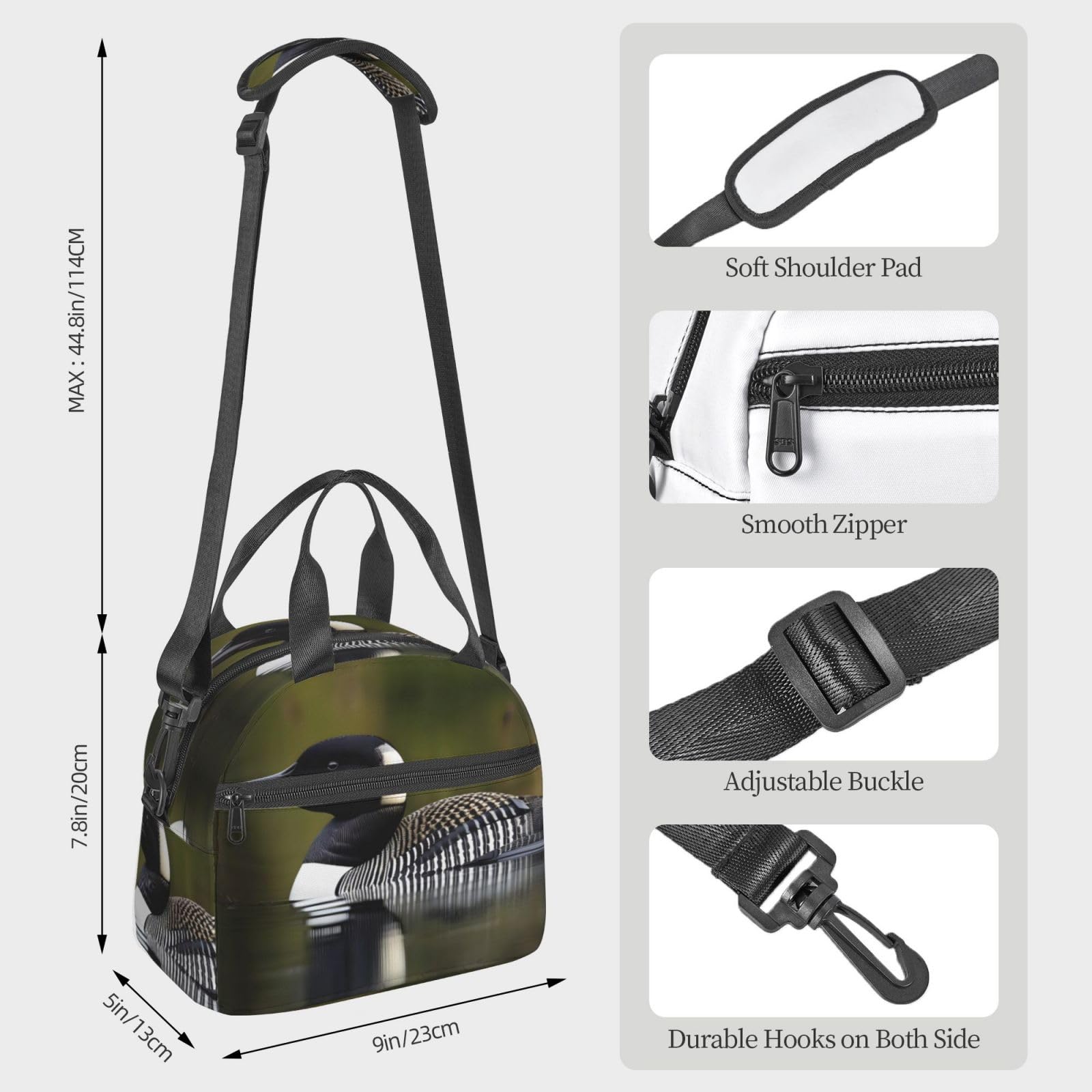 Lunch Bag,Tote Bag For Women & Men Adjustable Shoulder Strap,Leak Proof For Office Work,Picnic,Loon Nature Bird Print